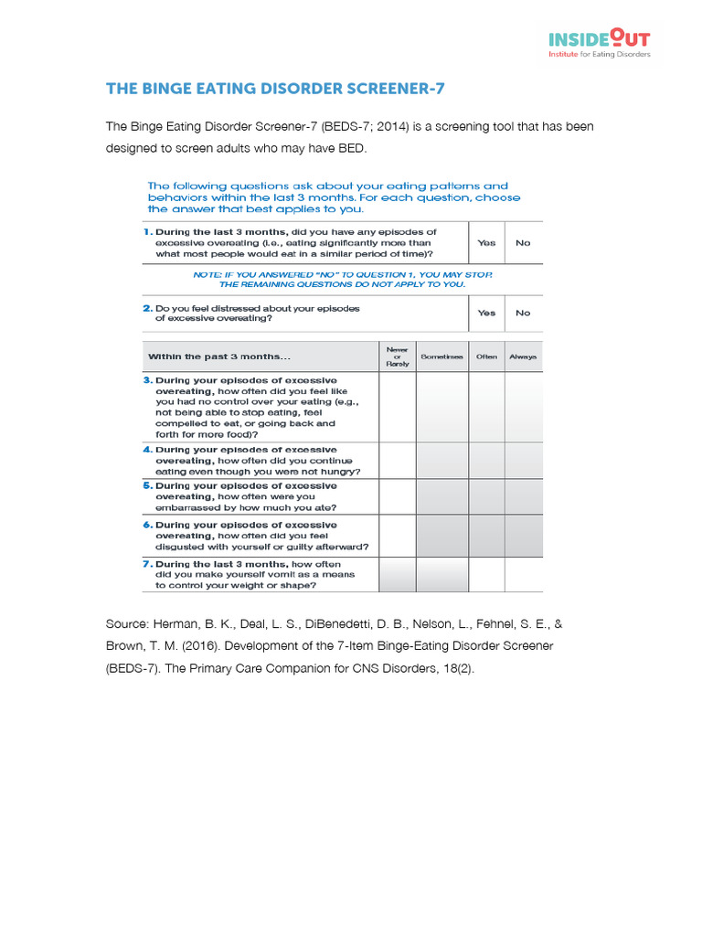 Binge Eating Disorder Screener Beds-7 | PDF