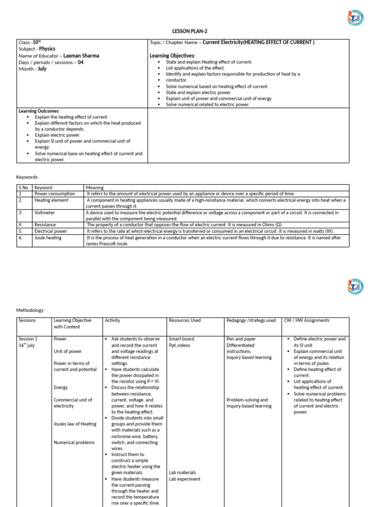 Class 10 Current Lesson-2 Plan-1 | PDF | Electric Power | Science ...