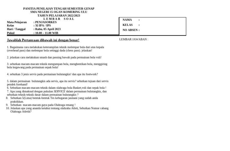 Blanko Soal Penjas X | PDF