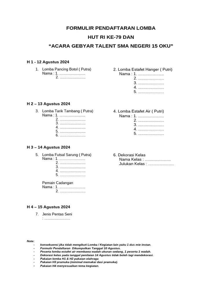 FORMULIR PENDAFTARAN LOMBA 17 Agustus 2024 | PDF