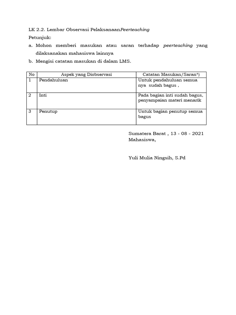 LK 2.2. Lembar Observasi Pelaksanaan Peerteaching-Bu Etika | PDF