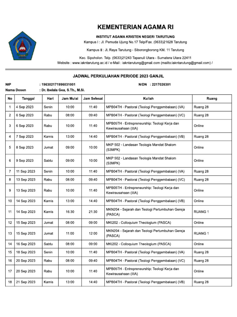 Jadwal Perkuliahan Periode 2023 Ganjil | PDF