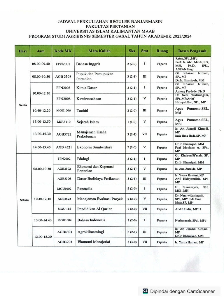 Jadwal Perkuliahan Ganjil 2023-2024 - 102439 | PDF