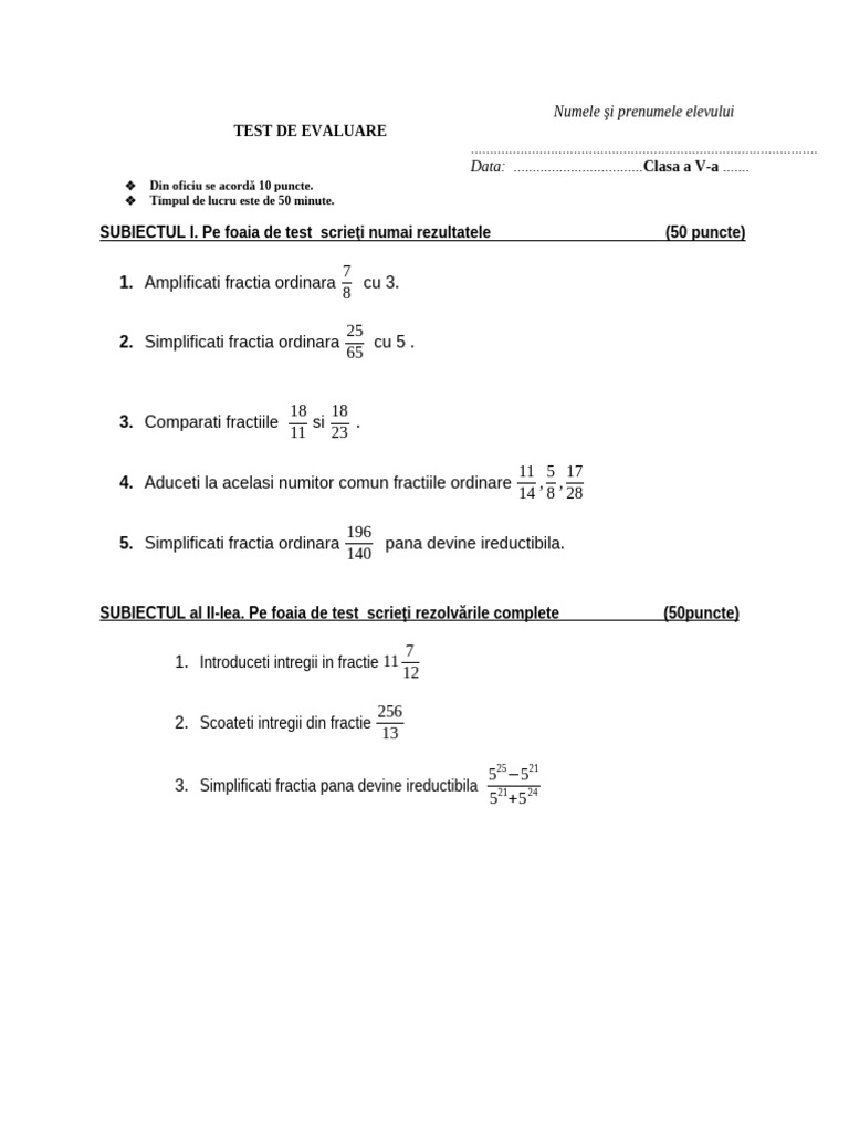 TEST DE EVALUARE - Clasa A 5a Fractii Ordinare | PDF
