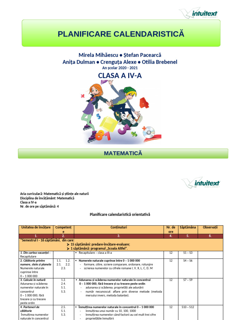INTUITEXT CLS 4 2020-2021 Planificare Calendaristica Matematica | PDF