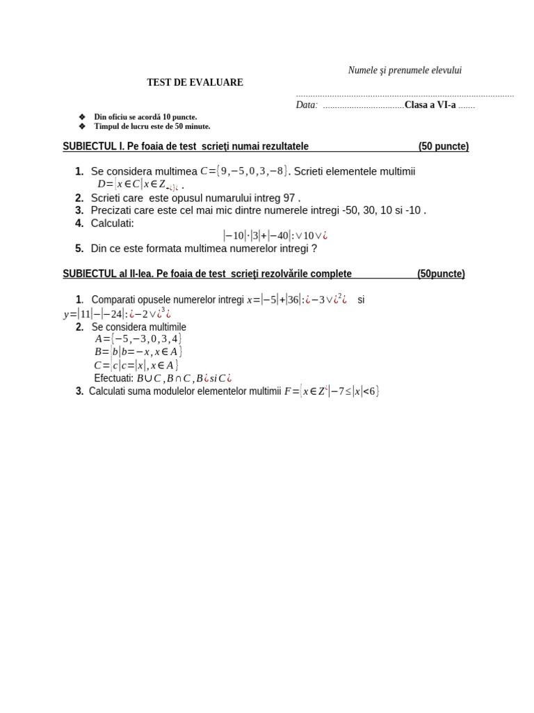 TEST DE EVALUARE - Multimea NR Intregi Cls 6 | PDF