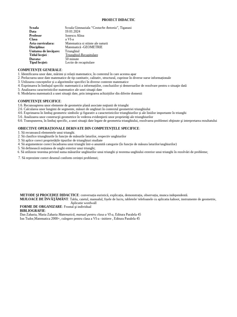 Proiect Didactic - CLS6 - Recapitulare | PDF