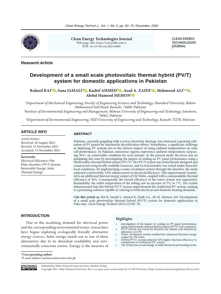 Development of A Small Scale Photovoltaic Thermal Hybrid (PV/T) System ...