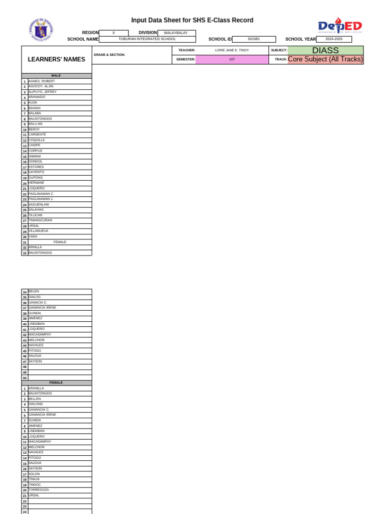 SHS E Class Record 2016 | PDF