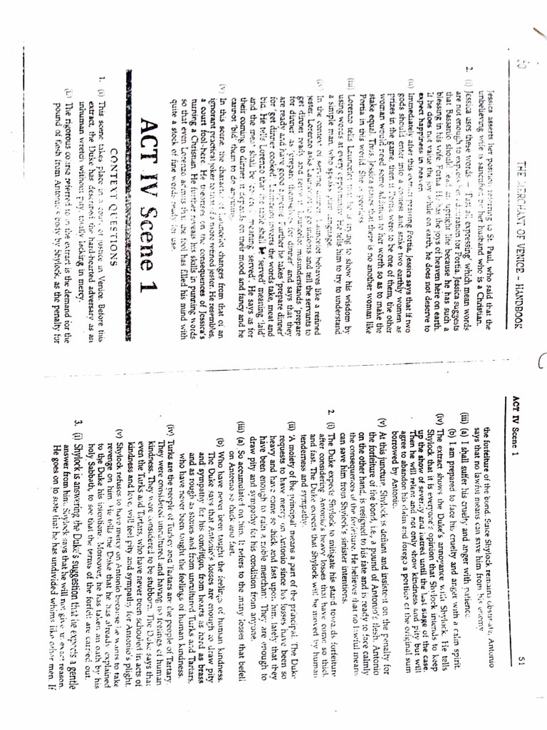 Merchant of Venice Act 4 Scene 1 and 2, Act 5 Scene 1 | PDF