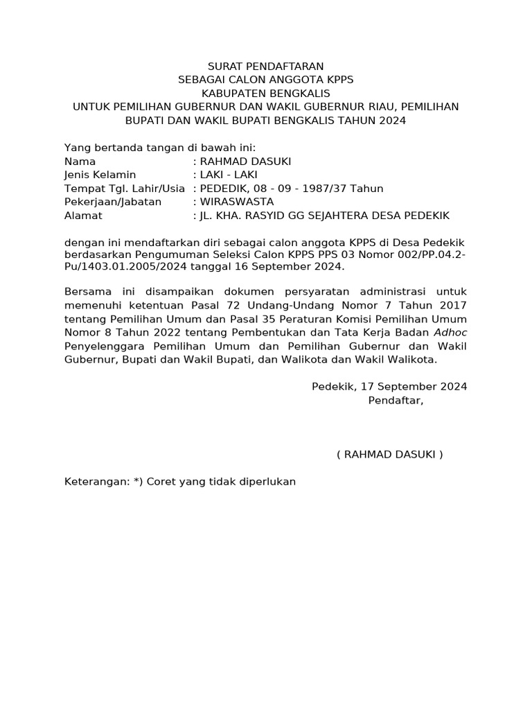 Example SURAT PENDAFTARAN X | PDF