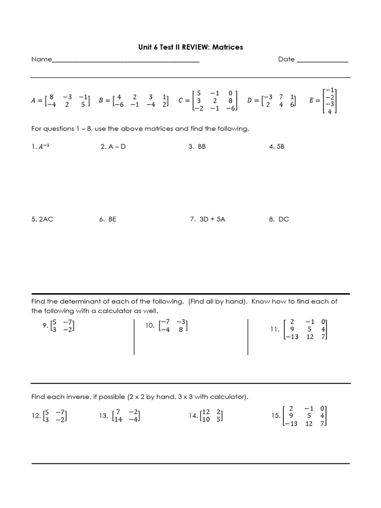 Matrices Unit 6 Test II Review | PDF | Matrix (Mathematics) | Algebra