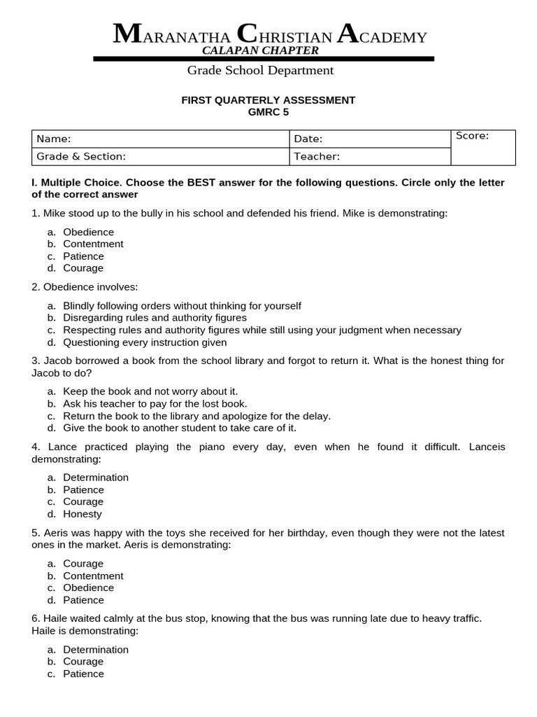 1st QA - GMRC 5 | PDF