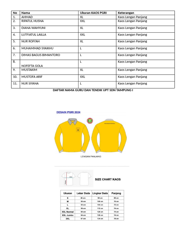 Ukuran Kaos Pgri SDN Tampung I | PDF