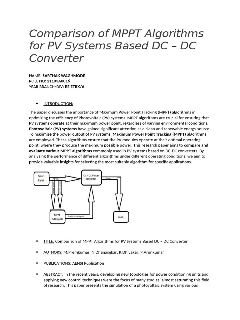 SUMMARY OF Comparison of MPPT Algorithms For PV Systems Based DC | PDF
