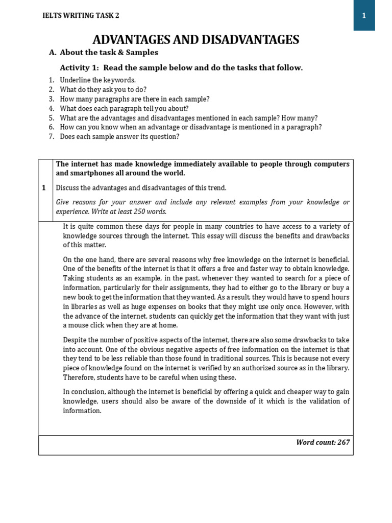 IELTS WRITING TASK 2 - ADVANTAGES AND DISADVANTAGES - Sample | PDF