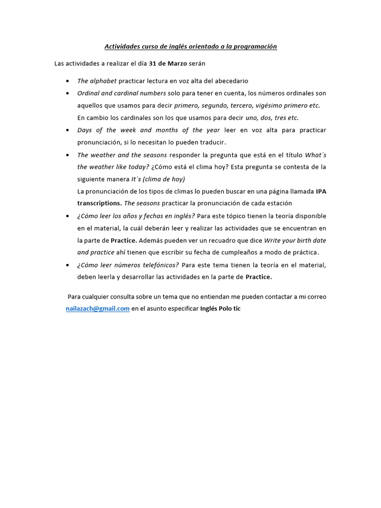 Actividades de Ingl S - D A 31-03 | PDF