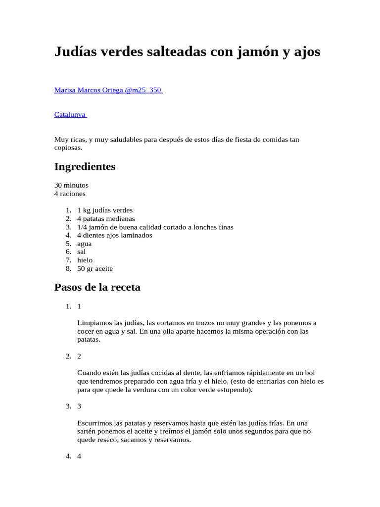 Judías Verdes Salteadas Con Jamón y Ajos | PDF Judías Verdes Salteadas Con Jamón y Ajos | PDF