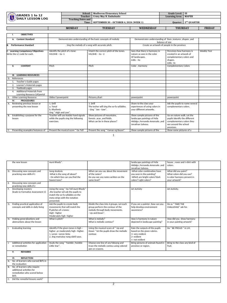 DLL - Mapeh 3 - Q2 - W1 | PDF