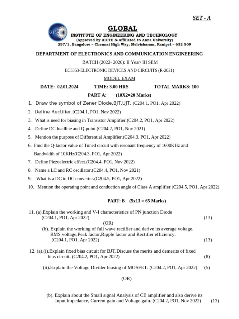 Edc Model Exam QP Set A | PDF
