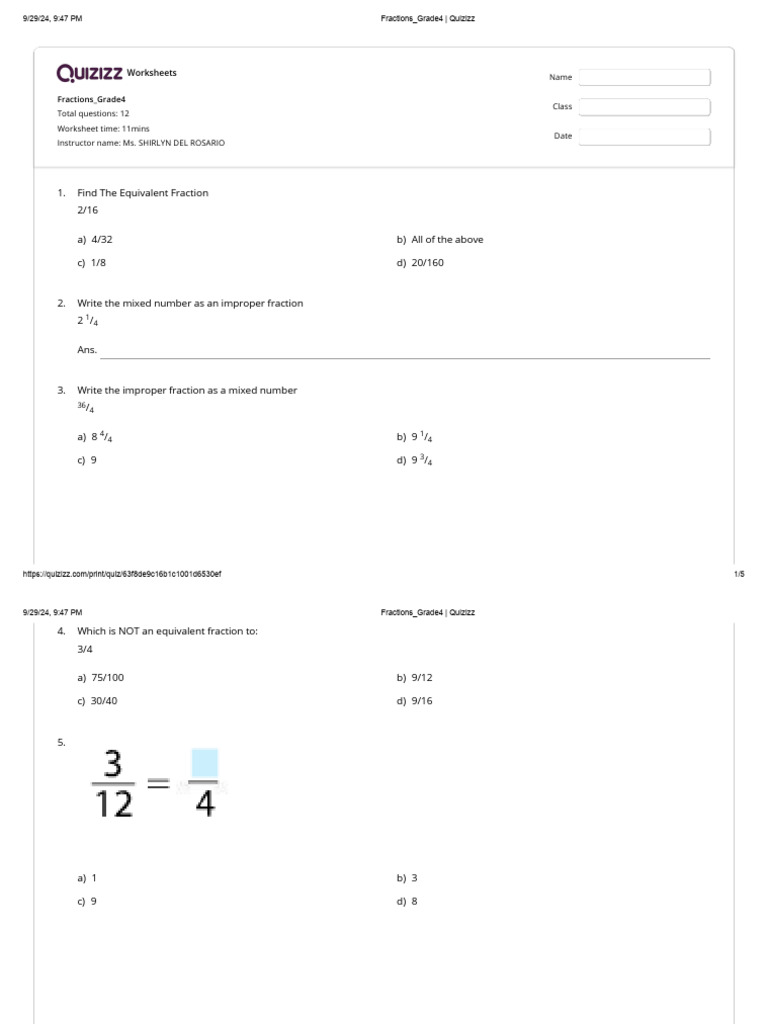 Fractions - Grade4 - Quiz | PDF