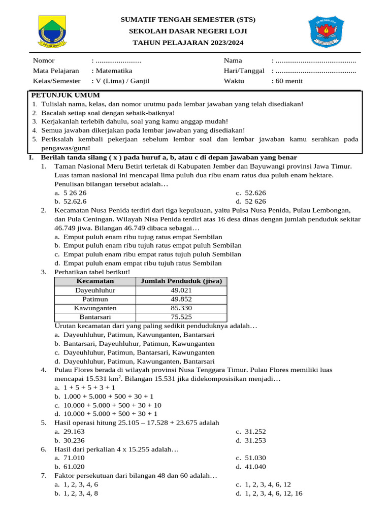 Soal PTS Kelas 5 Sms.1 - MTK | PDF