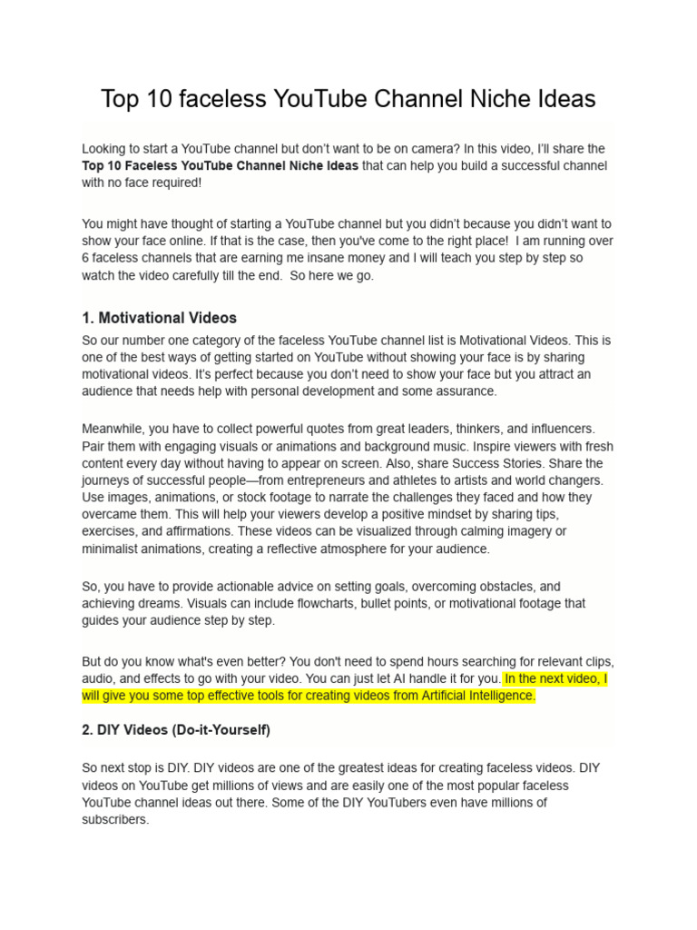 Top 10 Faceless YouTube Channel Niche Ideas-1 | PDF