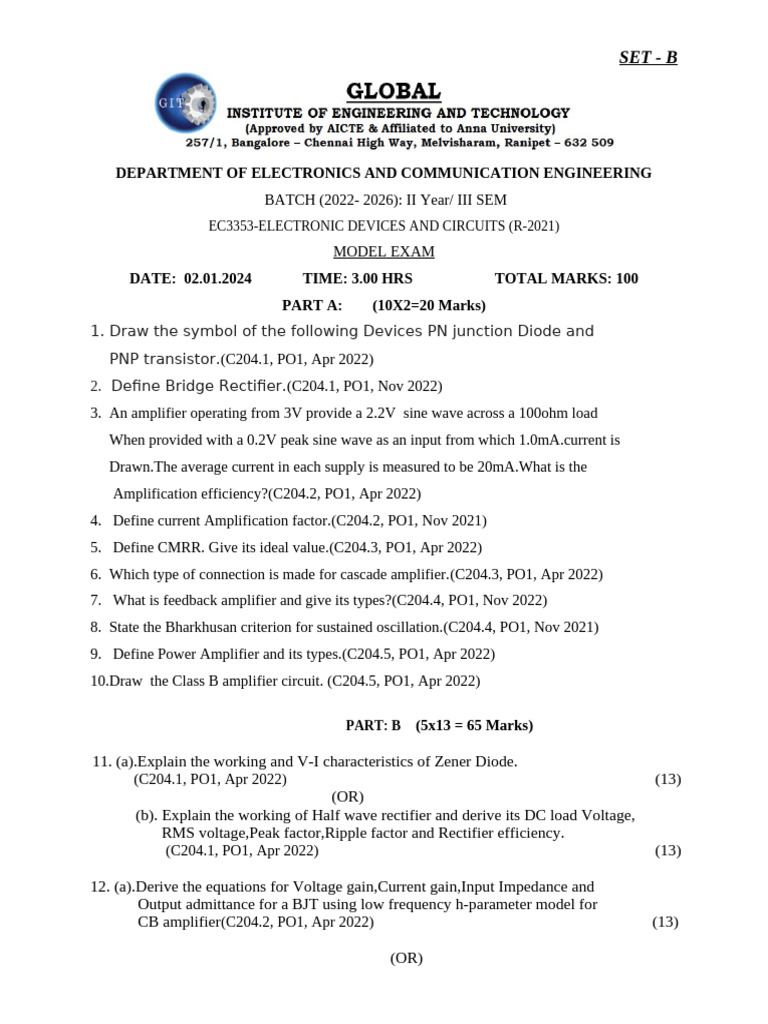 Edc Model Exam QP Set B | PDF