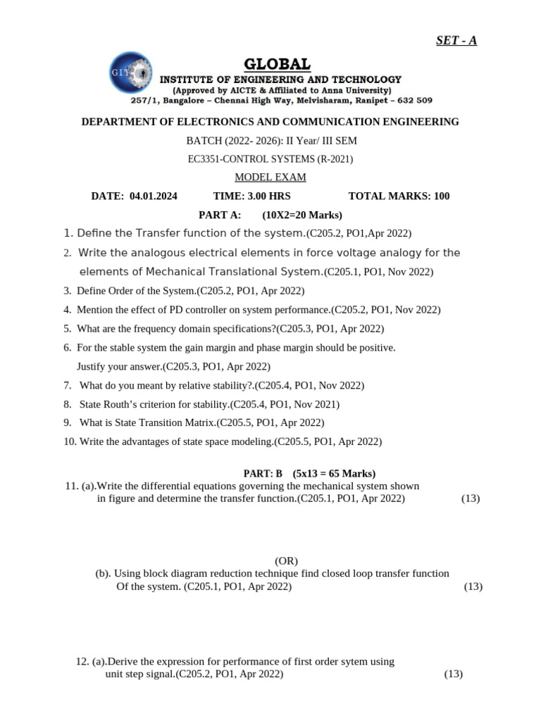 Control Systems Model Exam QP Set A | PDF