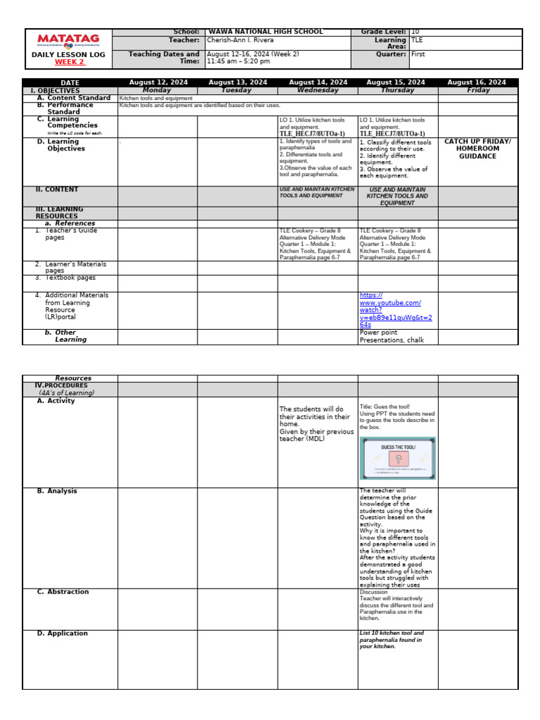 Week 2 TLE Lesson Plan: Kitchen Tools | PDF | Learning