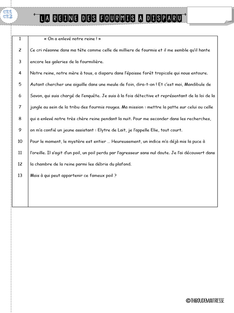 Lecture Suivie La Reine Des Fourmis A Disparu | PDF