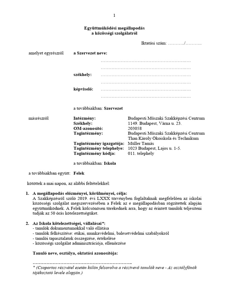 Közösségi Szolgálat - Egyuttmukodesi - Megallapodas 4x4db | PDF Közösségi Szolgálat - Egyuttmukodesi - Megallapodas 4x4db | PDF