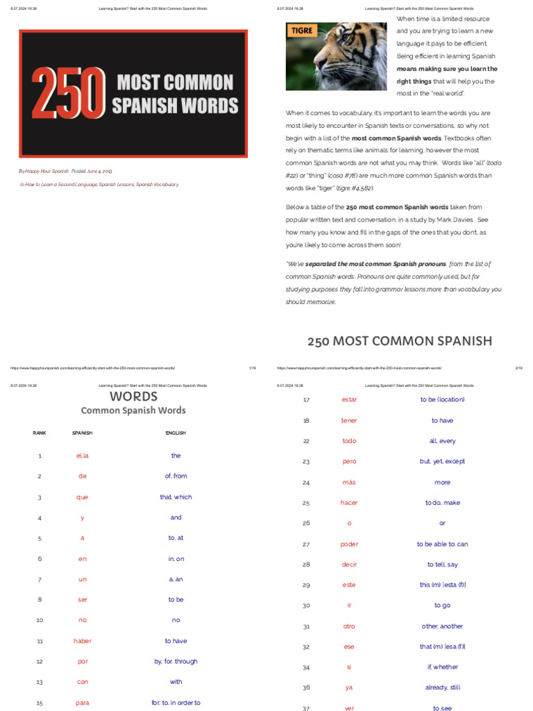 Learning Spanish - Start With The 250 Most Common Spanish Words | PDF
