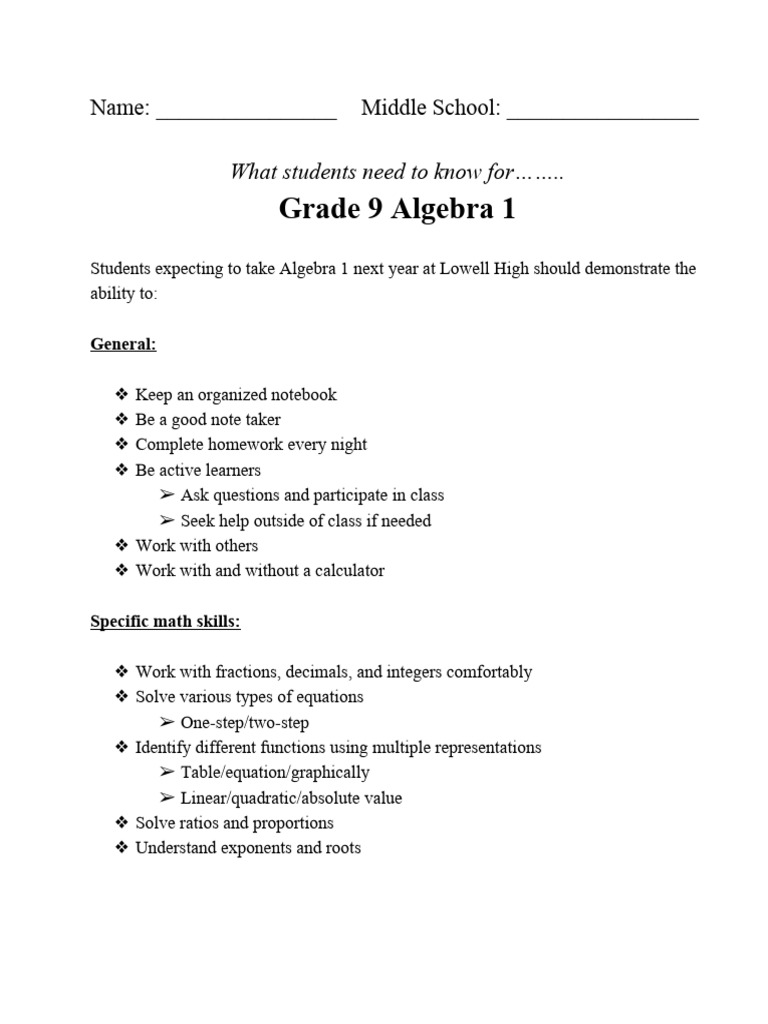 Entering Grade 9 Algebra Summer Packet 2020 | PDF