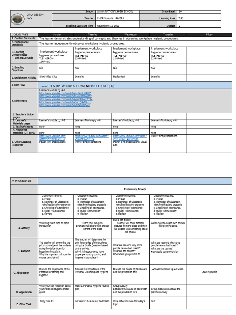 4as DLL WEEK 1 QUARTER 2 | PDF | Learning | Classroom