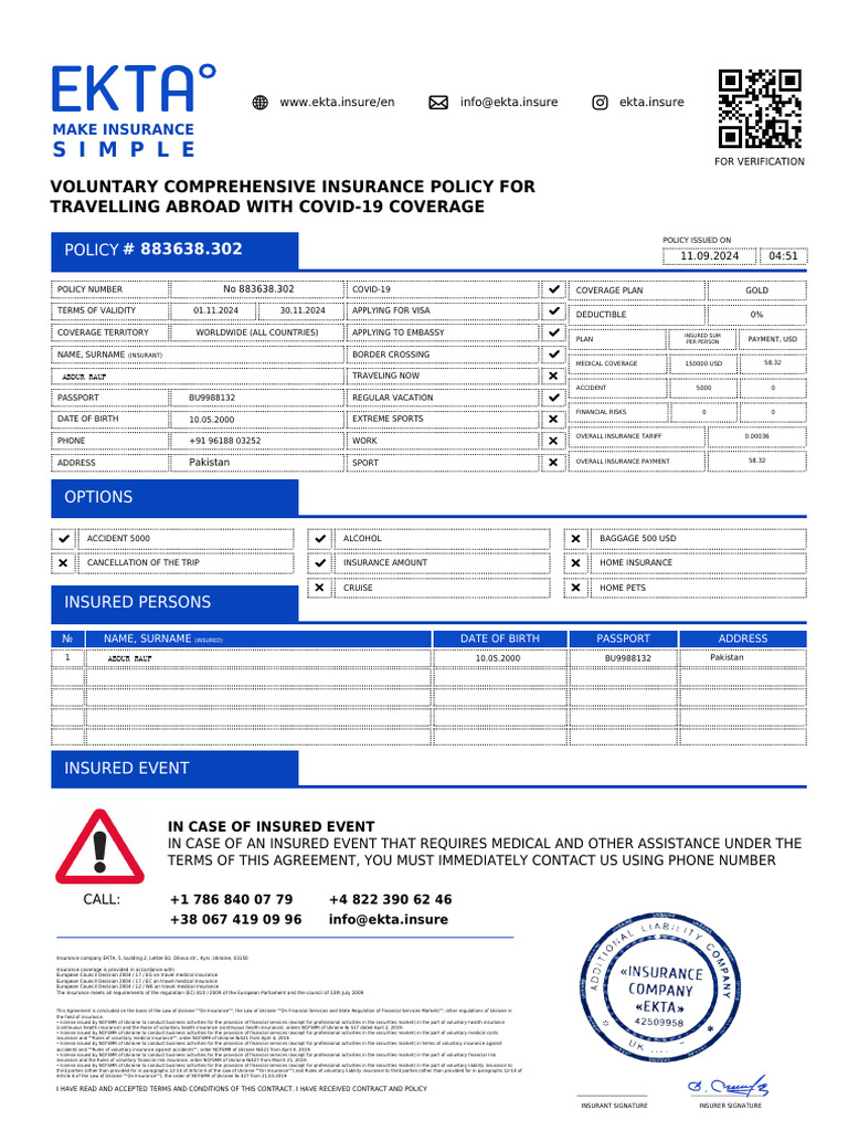 Insurance Policy 883638 | PDF