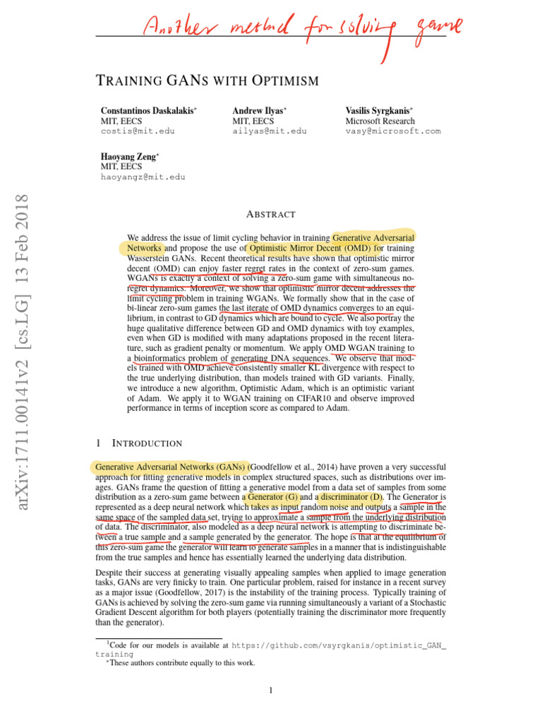 Training Gans With Optimism | PDF