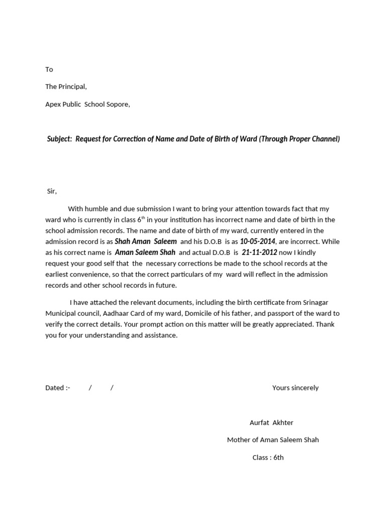 Subject: Request For Correction of Name and Date of Birth of Ward ...