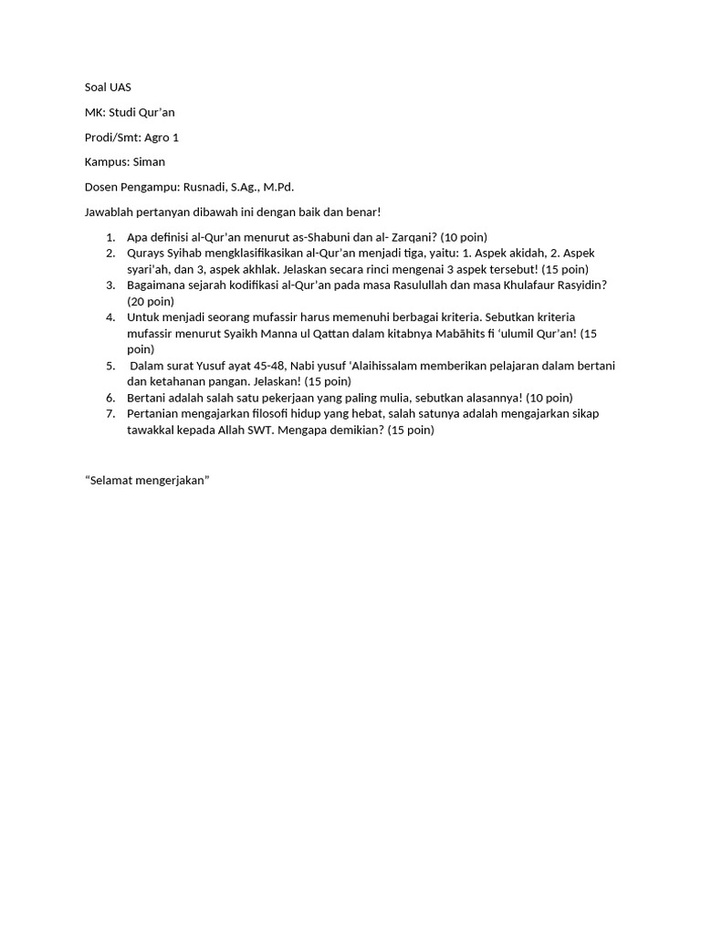 Soal UAS MK Studi Qur'an Agro 1 Siman | PDF