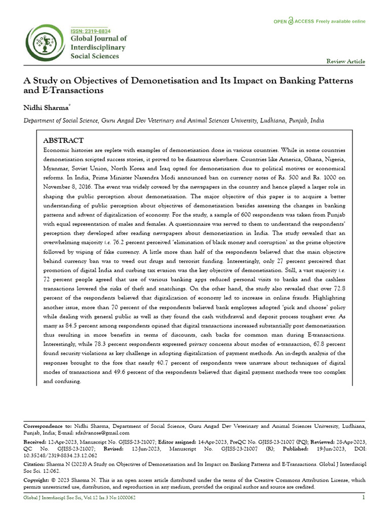 A Study On Objectives of Demonetisation and Its Impact On Banking ...