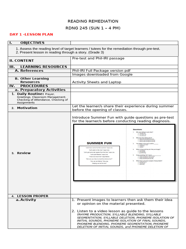 RDNG 245 - Assignment-Day 1 Lesson Plan | PDF