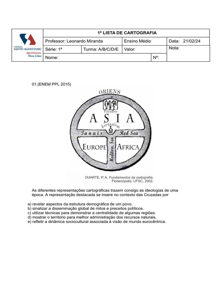 1a LISTA DE EXERCÍCIOS (CARTOGRAFIA) 2 | PDF 1a LISTA DE EXERCÍCIOS (CARTOGRAFIA) 2 | PDF