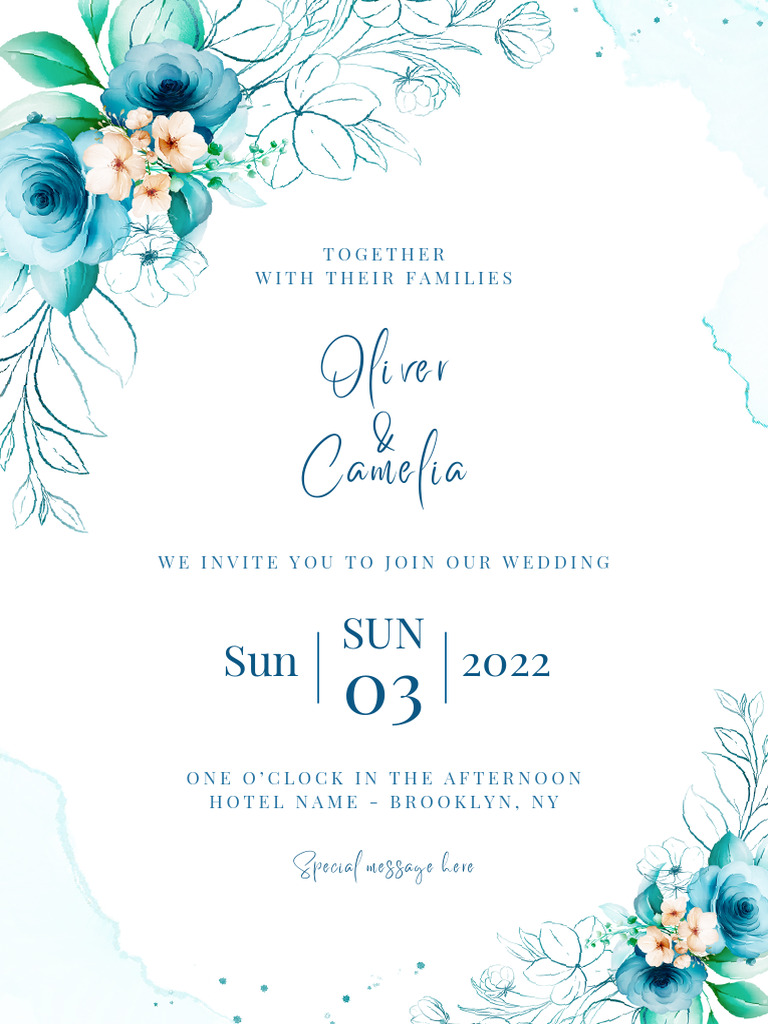 Blue Wedding Invitation Card Template of Watercolor Floral Border | PDF