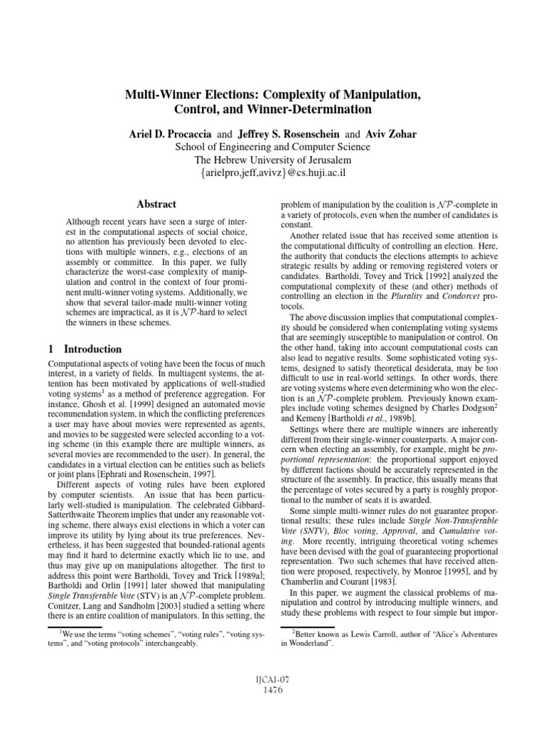 Multi-Winner Elections - Complexity of Manipulation, Control, and Winner-Determination | PDF