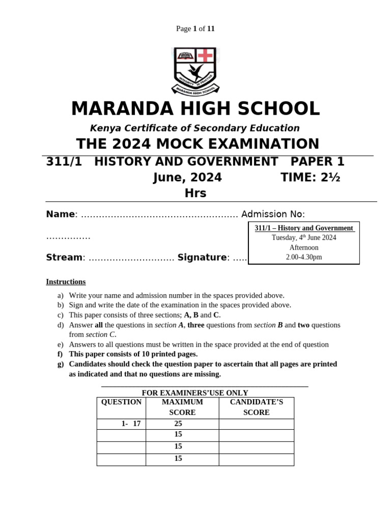 History Mock PP1 2024 QP | PDF | Kenya | Colonialism