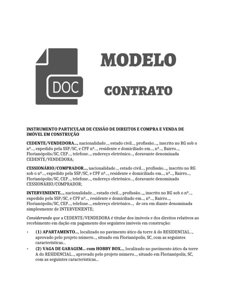 Modelo De Contrato De Cessao De Direitos Sobre Imoveis Atualizado Pdf