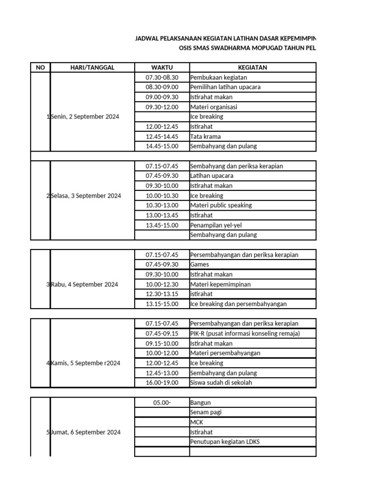 Jadwal Kegiatan Ldks 2024 | PDF