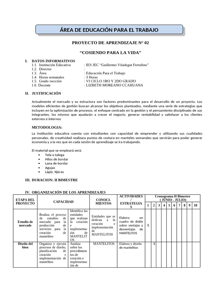 Proyecto de Aprendizaje Costura y Bordado 2 Ept 2023 | PDF