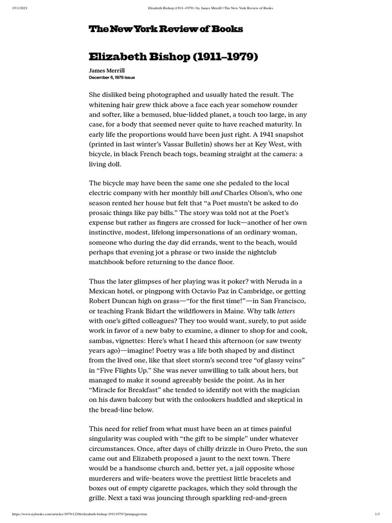 Elizabeth Bishop (1911-1979) - by James Merrill - The New York Review ...