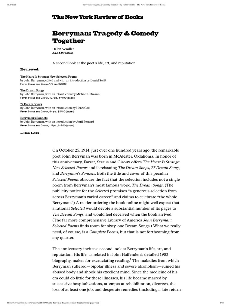 Berryman - Tragedy & Comedy Together - by Helen Vendler - The New York ...